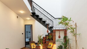 Decoração moderna com escada, soalho em madeira e plantas em vasos.