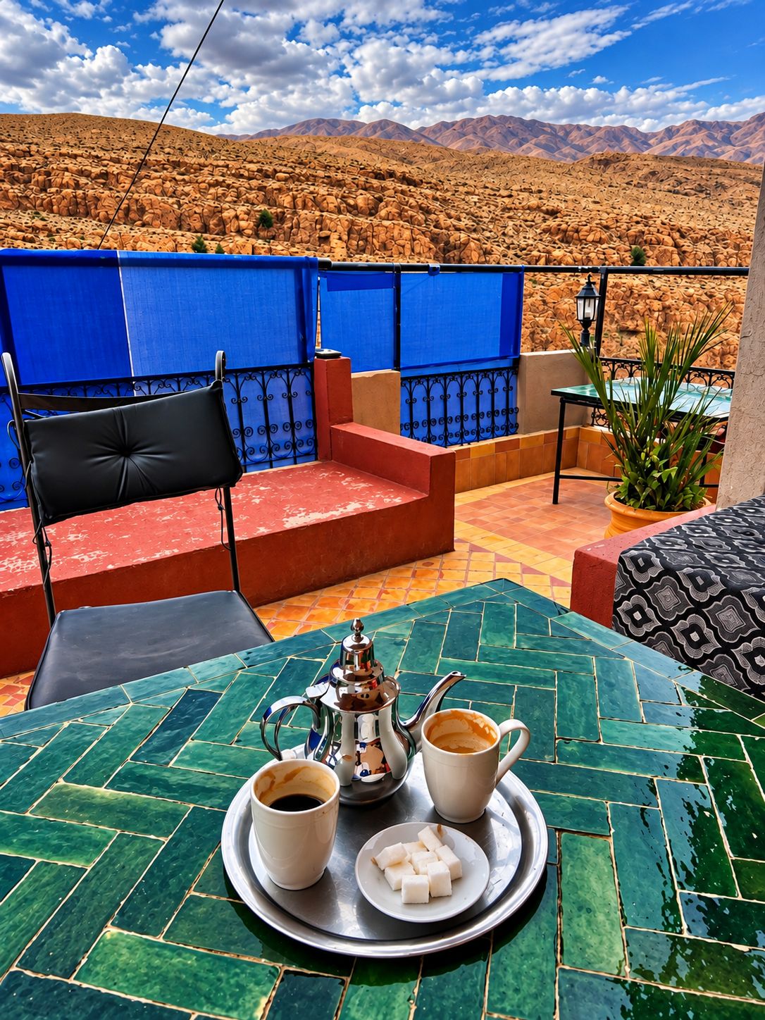 Terraço com mesa posta para dois, uma cadeira e vista para uma paisagem montanhosa.