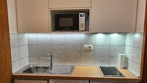 Cozinha compacta com micro-ondas, pia e lava-louças.