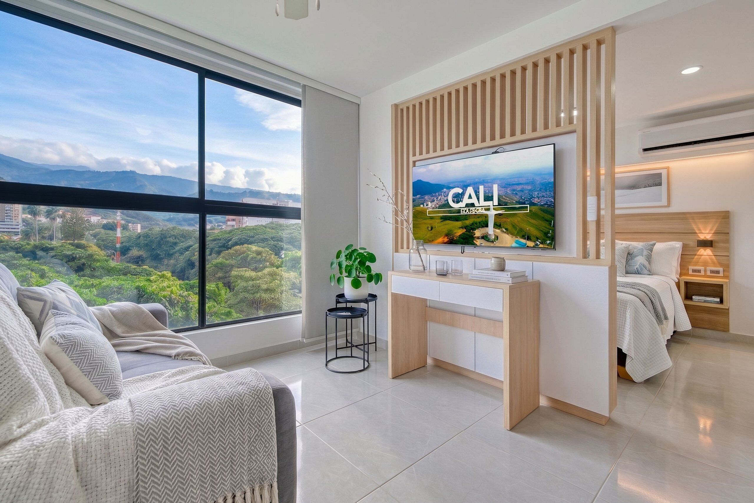 A modern hotel room with a large window, a flat-screen TV mounted on a wooden panel, a bedside table with a lamp, and a bed with a white comforter.