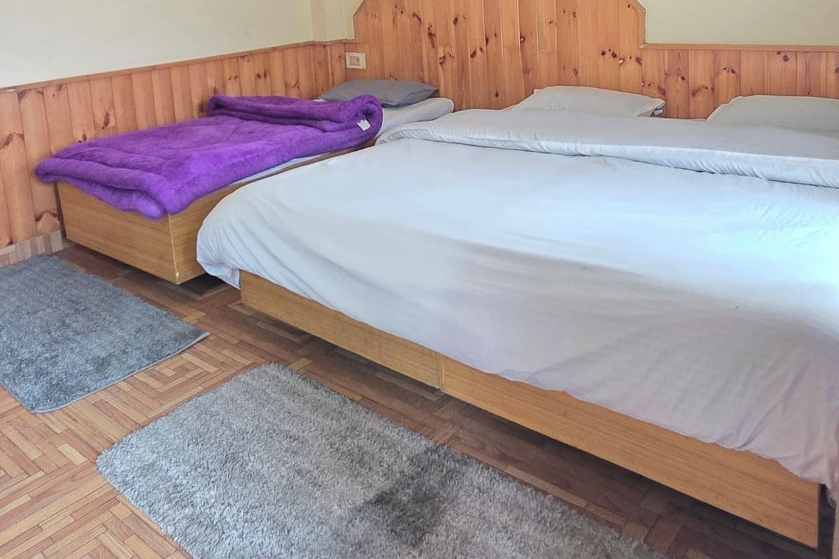 Quarto com duas camas, cabeceira de madeira, luminária no teto e piso de madeira estampado.