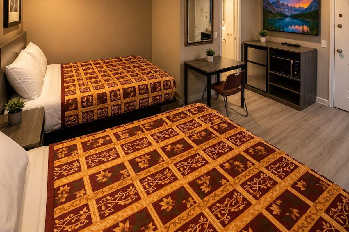 Quarto de hotel com duas camas, uma escrivaninha com cadeira, televisão e porta.