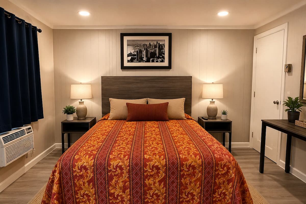 Quarto de hotel com uma cama grande, duas mesas de cabeceira com luminárias, uma pintura emoldurada com vista urbana na parede, uma planta em vaso sobre a mesa lateral e uma porta com tranca.