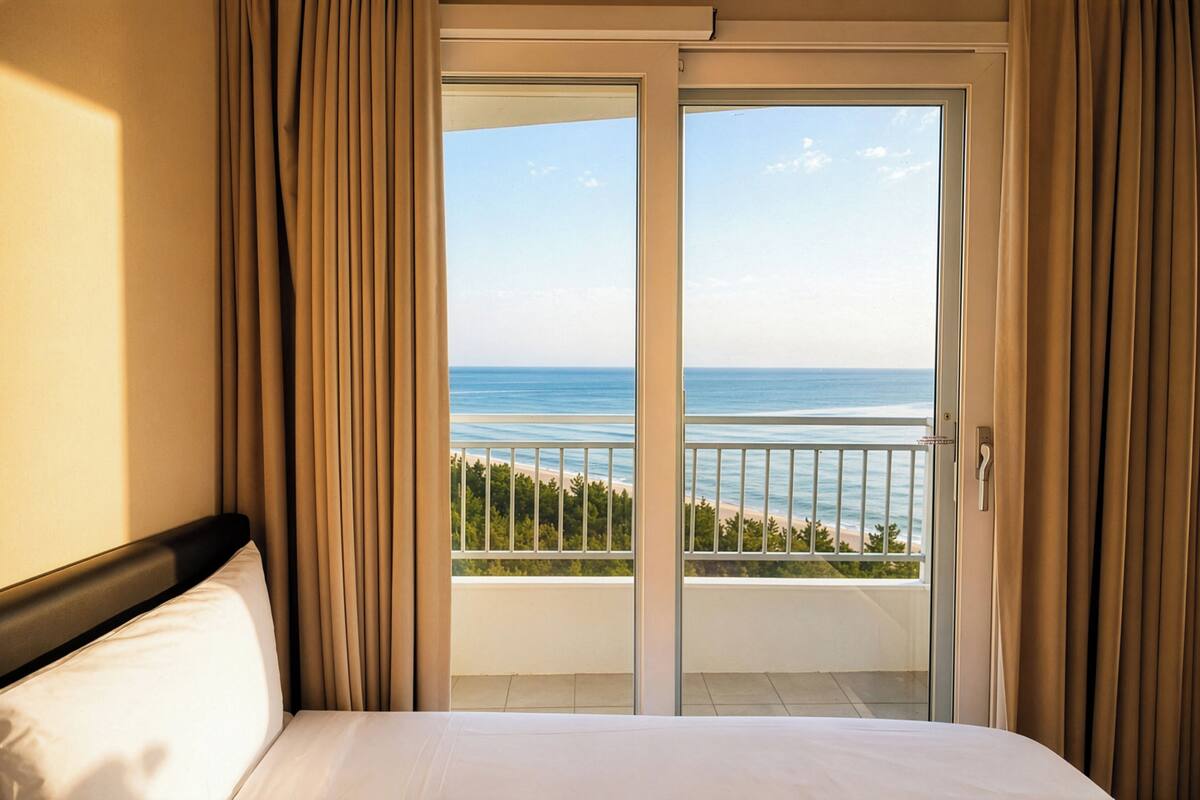 Quarto de hotel com cama, cortinas bege e varanda vista para o mar.