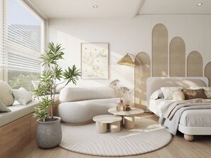 Quarto moderno com cama, mesas de cabeceira, planta em vaso, tapete redondo e janela com persianas.