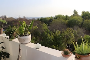 Uma varanda com plantas em vasos, guarda-corrimão branco e vista para uma área arborizada.