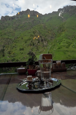Mesa com copo de água, chaleira e bandeja com planta e utensílios. Vista para montanhas ao fundo.