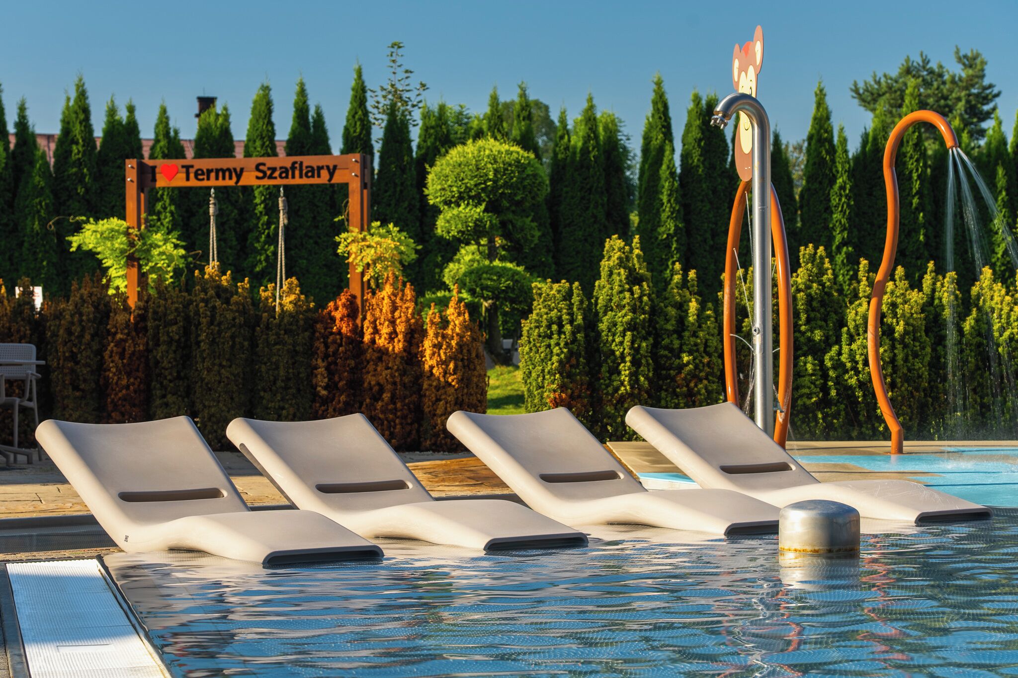 Uma piscina com cadeiras de lounge e uma placa com a inscrição 'Terry Szaflary'.
