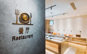 Placa de restaurante com mesa e utensílios, e um interior moderno com balcão e iluminação pendente.