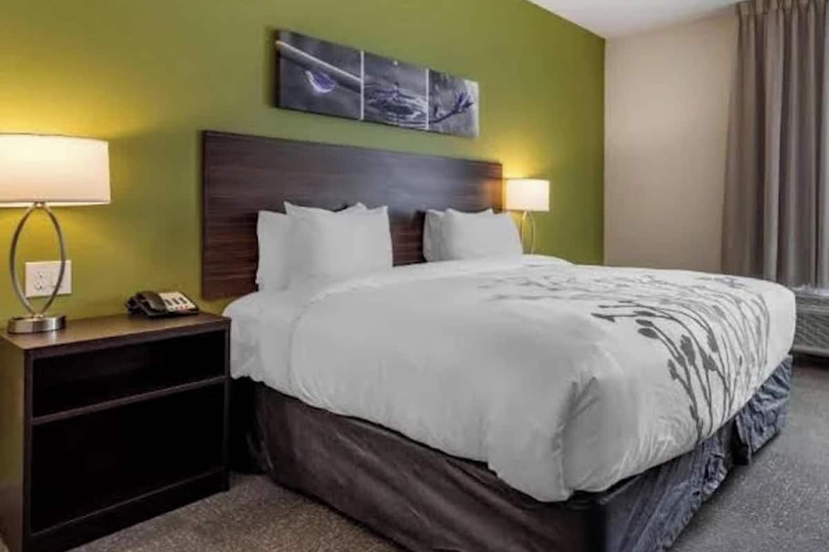 Quarto de hotel com cama, duas luminárias de cabeceira, mesa de apoio, um quadro na parede e uma janela com cortinas.