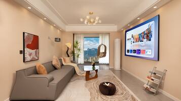 Apartamento Comfort, 3 quartos, cozinha, vista para a montanha | Sala de estar | Televisor de 100 polegadas com canais por cabo, Netflix