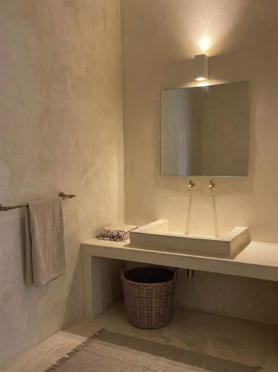 Casa de banho com lavatório branco, espelho e suporte para toalhas.