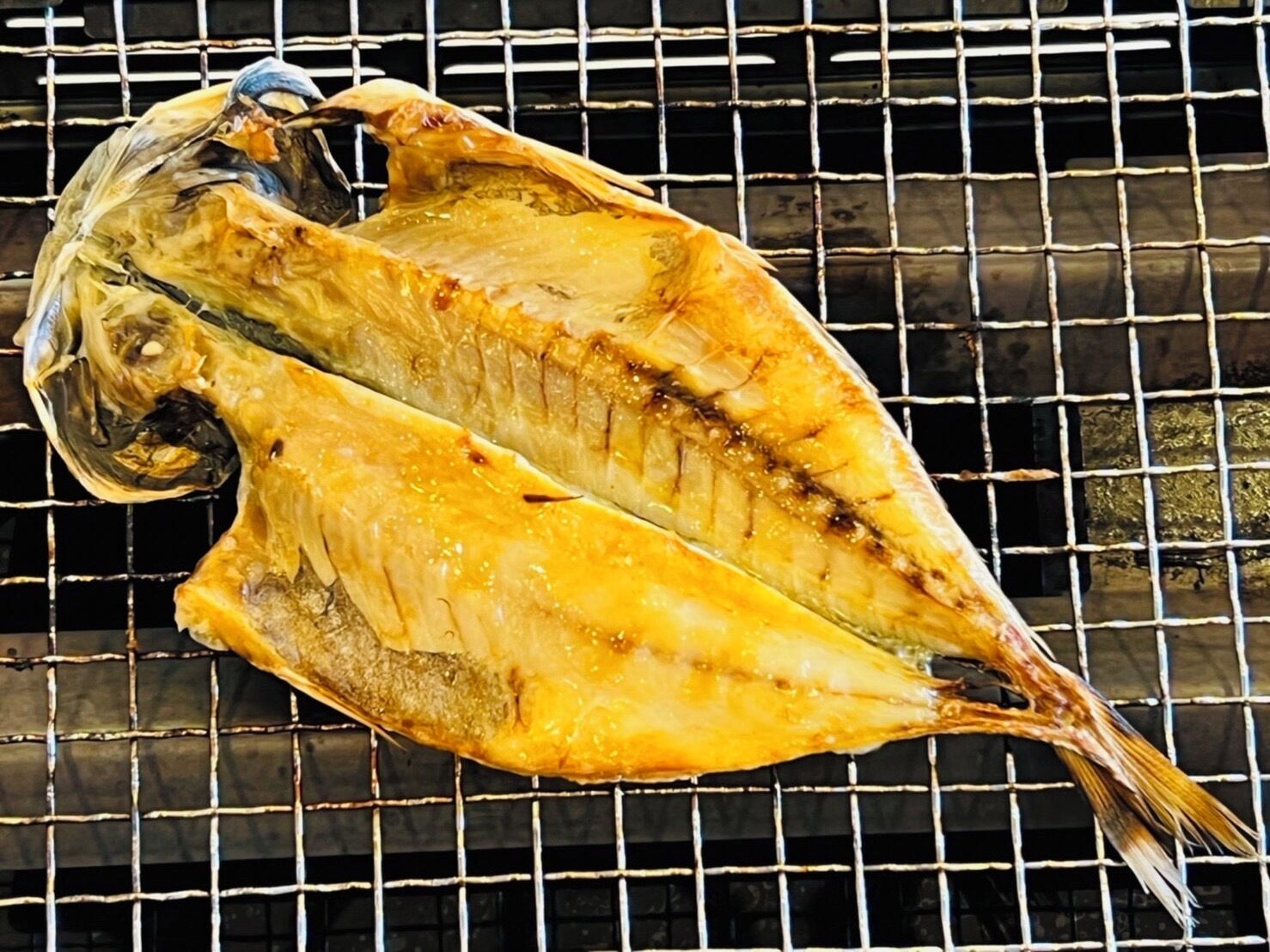 Dois peixes inteiros em uma grade de arame.