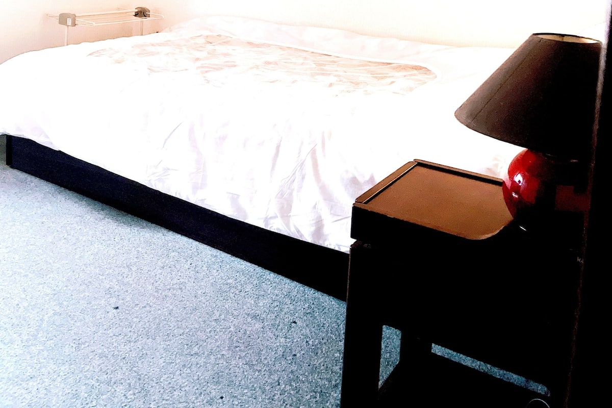 Quarto com cama, mesa de cabeceira com abajur, ar-condicionado fixado na parede e quadro emoldurado.