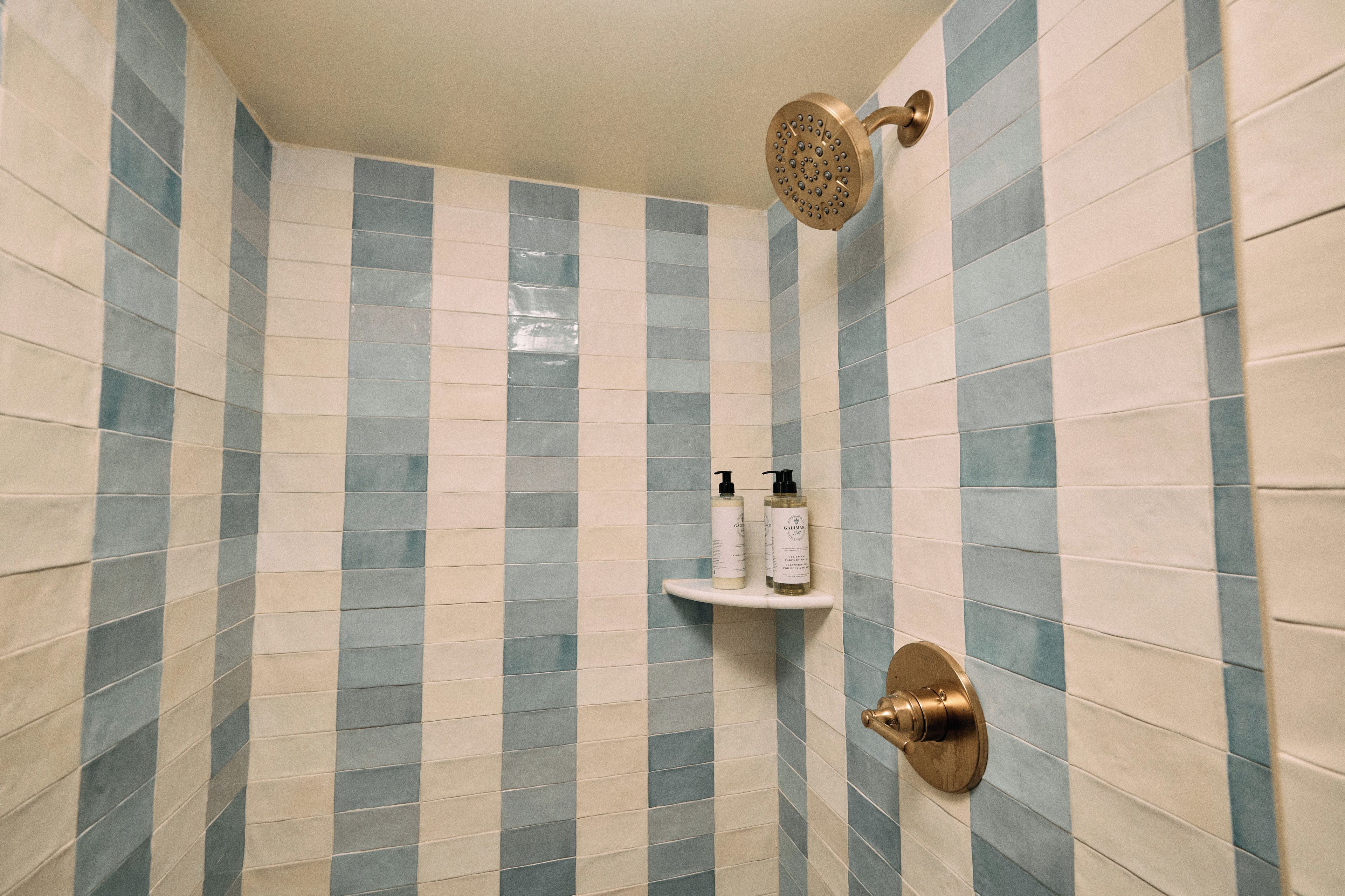 Área de duche com parede revestida a azulejos azuis e brancos, um chuveiro manual e duas garrafas de champô numa prateleira.