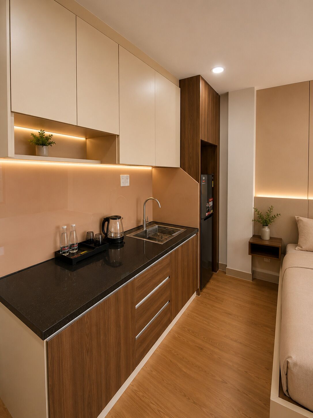Quarto casal júnior, vista para a cidade | Cozinha privada | Geladeira