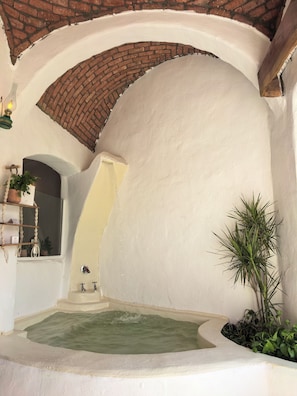 Área de spa com arco de tijolos, parede branca, piscina pequena e uma planta.