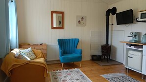 Uma sala de estar acolhedora com sofá, uma poltrona azul, piso de madeira, radiador, televisão e uma kitchenette.