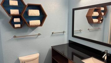 Secador de cabelo, toalhas de banho, papel higiênico