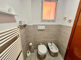 Um banheiro pequeno com vaso sanitário, bidê e radiador.