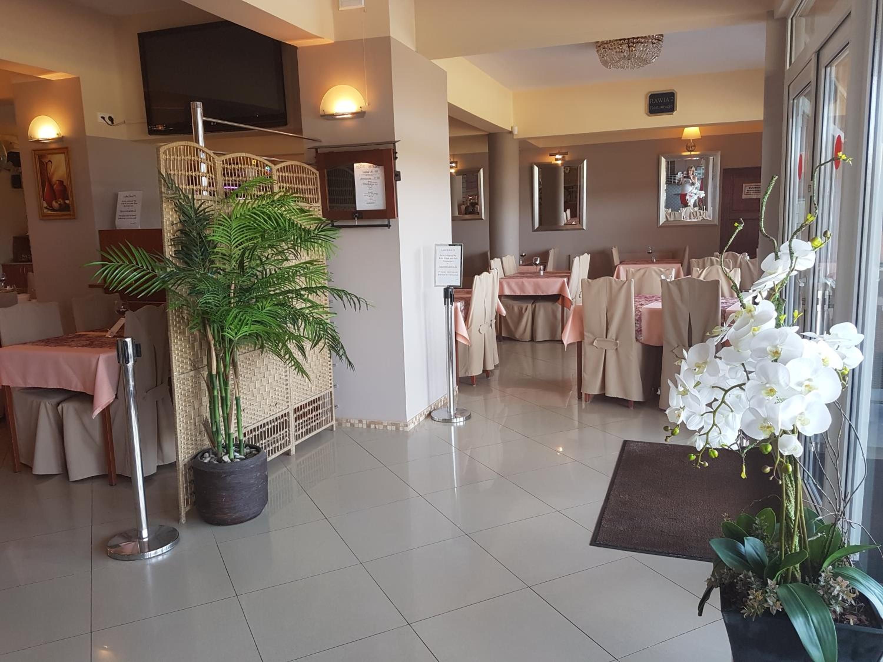 Um saguão de hotel com balcão de recepção, área de estar e uma grande planta em vaso.