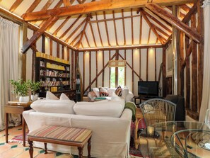 Um quarto aconchegante com teto de madeira, um sofá, uma televisão, uma estante de livros e uma poltrona de vime.