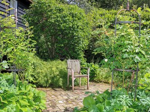 Um jardim com um banco de madeira, folhagem densa e um caminho de tijolos.
