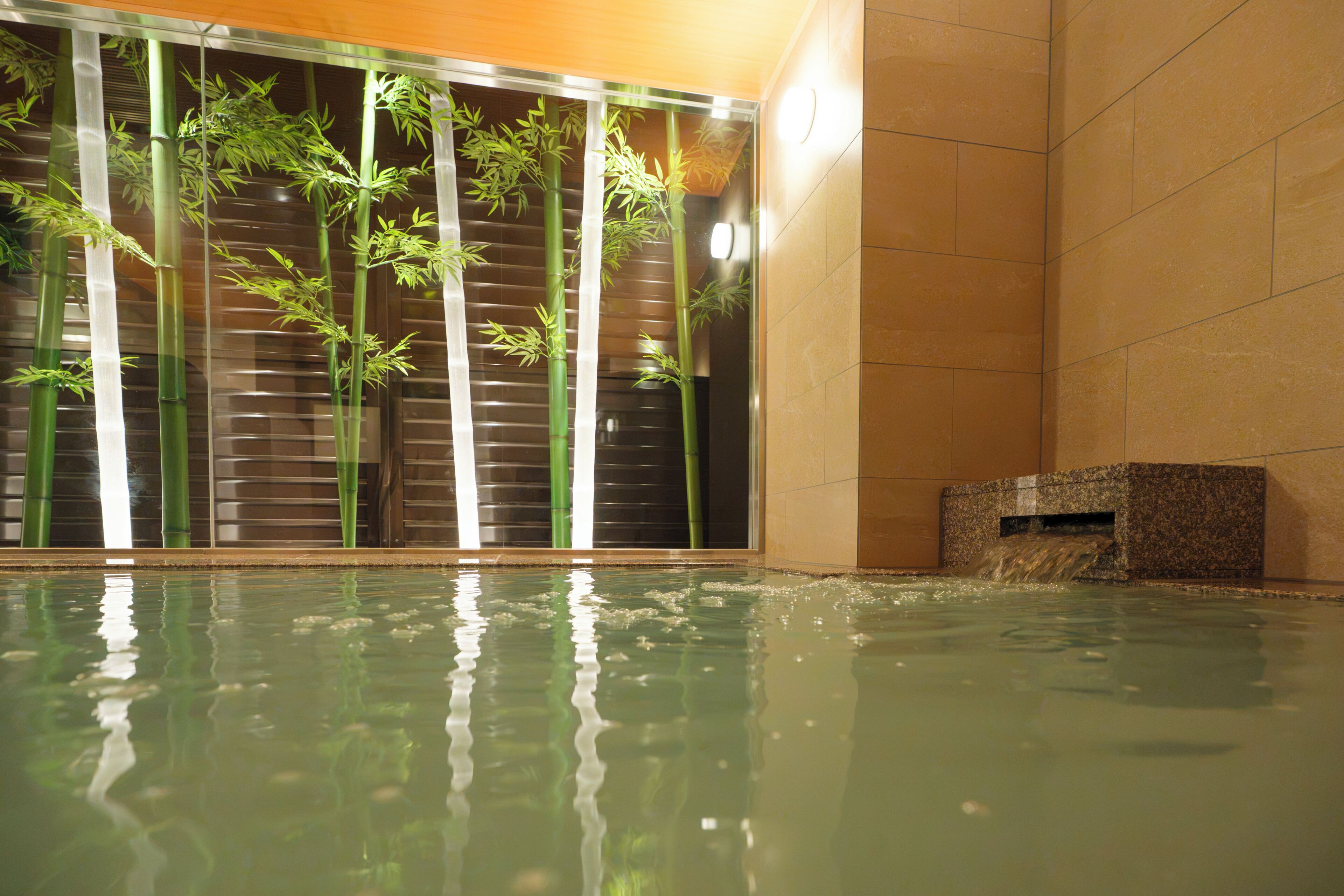Uma área de spa com uma grande piscina interior, plantas de bambu e um banco de pedra.