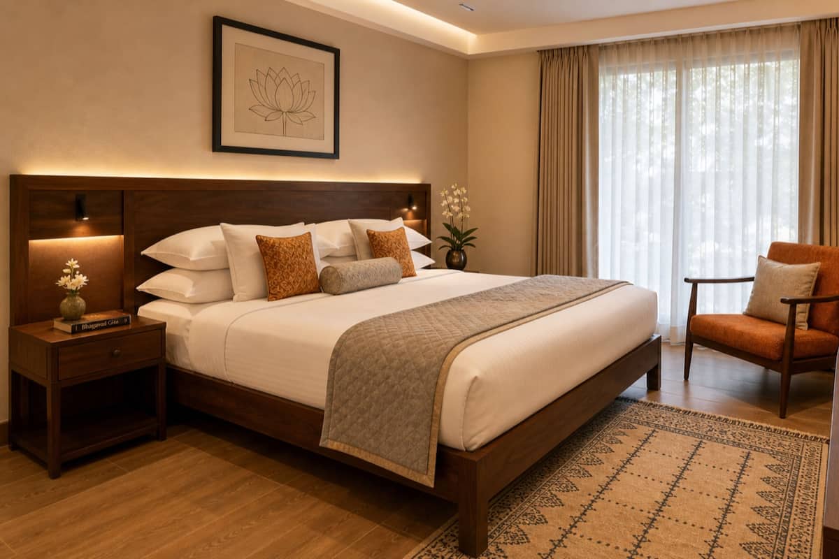 Quarto de hotel com uma cama grande, mesas de cabeceira, uma cadeira, escrivaninha e janela com cortinas.