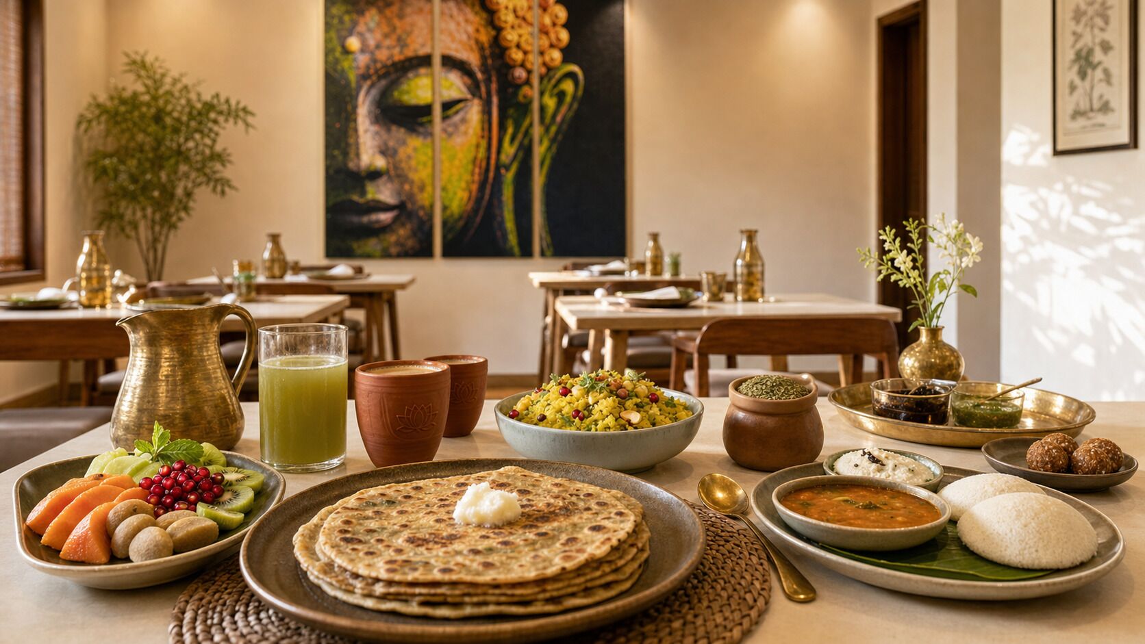 Uma mesa de jantar com diversos pratos, um jarro e xícaras de chá indianas tradicionais.
