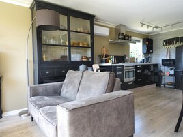 Uma sala de estar moderna com um sofá cinza, um armário preto com portas de vidro e uma área de cozinha com eletrodomésticos e espaço para armazenamento.