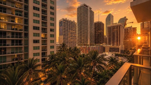 Um hotel moderno com vários andares, piscina no terraço e vista para o horizonte da cidade.
