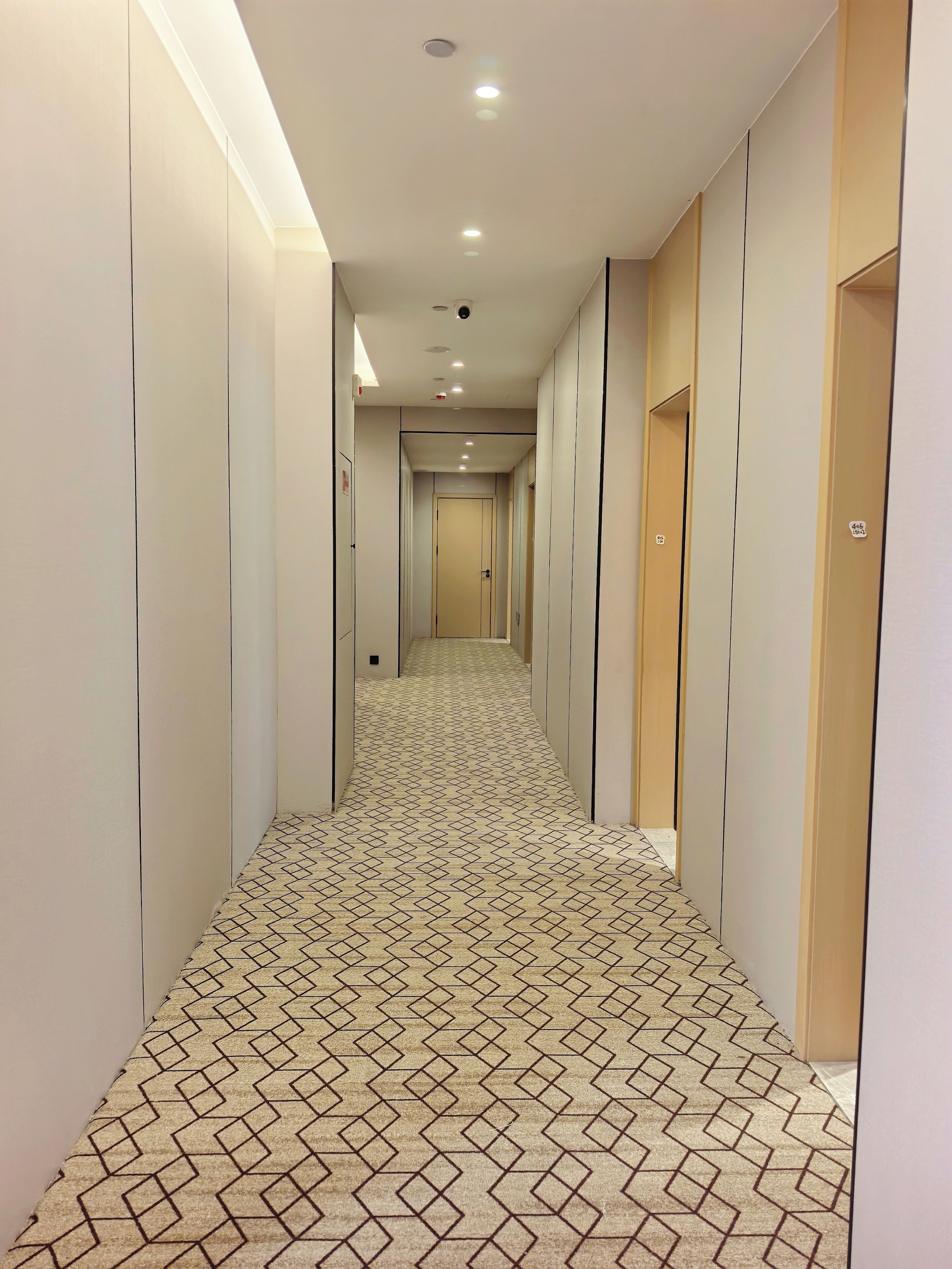 Corredor com carpete estampado, iluminação embutida no teto e portas em ambos os lados.