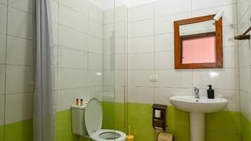 Casa de banho com sanita, lavatório e zona de duche.