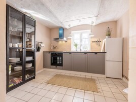 Cozinha equipada com forno embutido, geladeira e janela com luz natural.