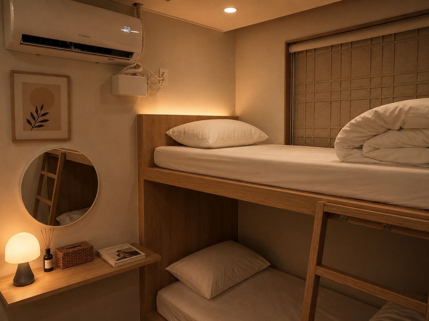 Quarto com beliche, mesa de cabeceira, luminária, quadro emoldurado e aparelho de ar condicionado.