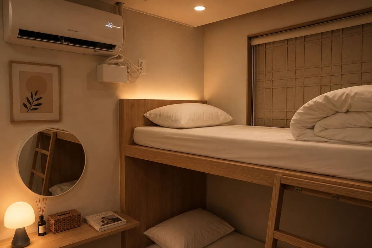 Quarto com beliche, mesa de cabeceira, luminária, quadro emoldurado e aparelho de ar condicionado.