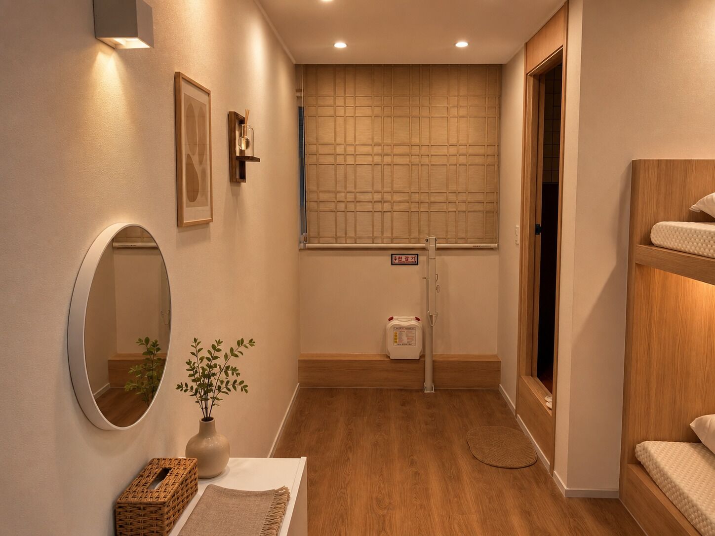 Um corredor com piso de madeira, um espelho, uma planta, uma pequena mesa com um vaso, e uma cama com cabeceira.