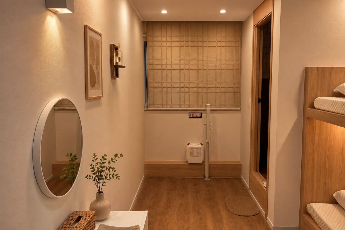 Um corredor com piso de madeira, um espelho, uma planta, uma pequena mesa com um vaso, e uma cama com cabeceira.
