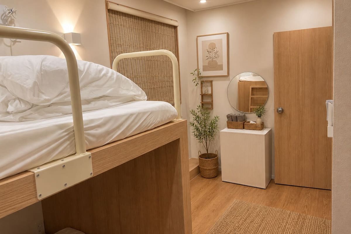 Uma cama beliche com uma mesinha de cabeceira, um pequeno armário, um espelho e um vaso de planta.