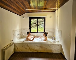 Quarto com uma banheira grande, janela com vista para o verde e um radiador.