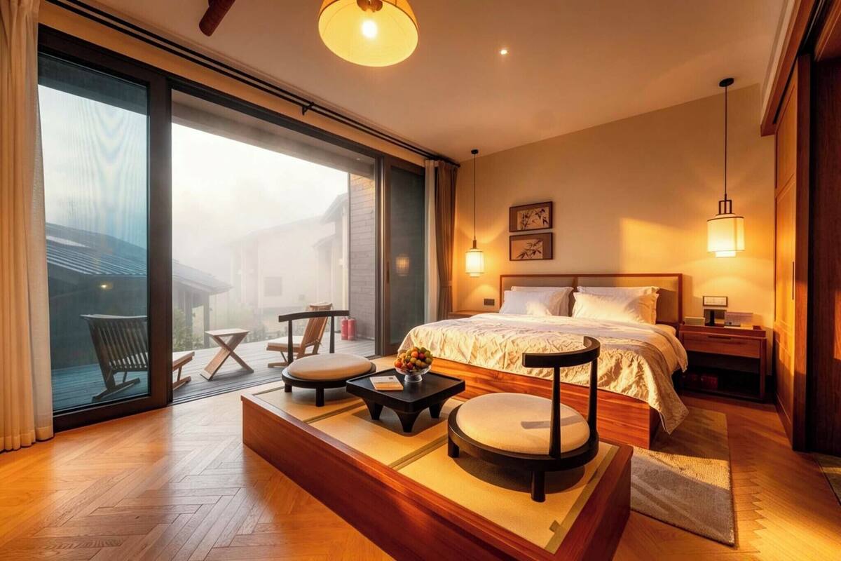 Quarto de hotel moderno com uma cama grande, área de estar com uma mesa, mesa de cabeceira e vista através de uma janela ampla.