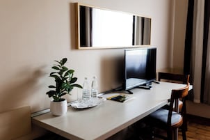 Quarto de hotel com uma escrivaninha, televisão, planta em vaso e um espelho na parede.