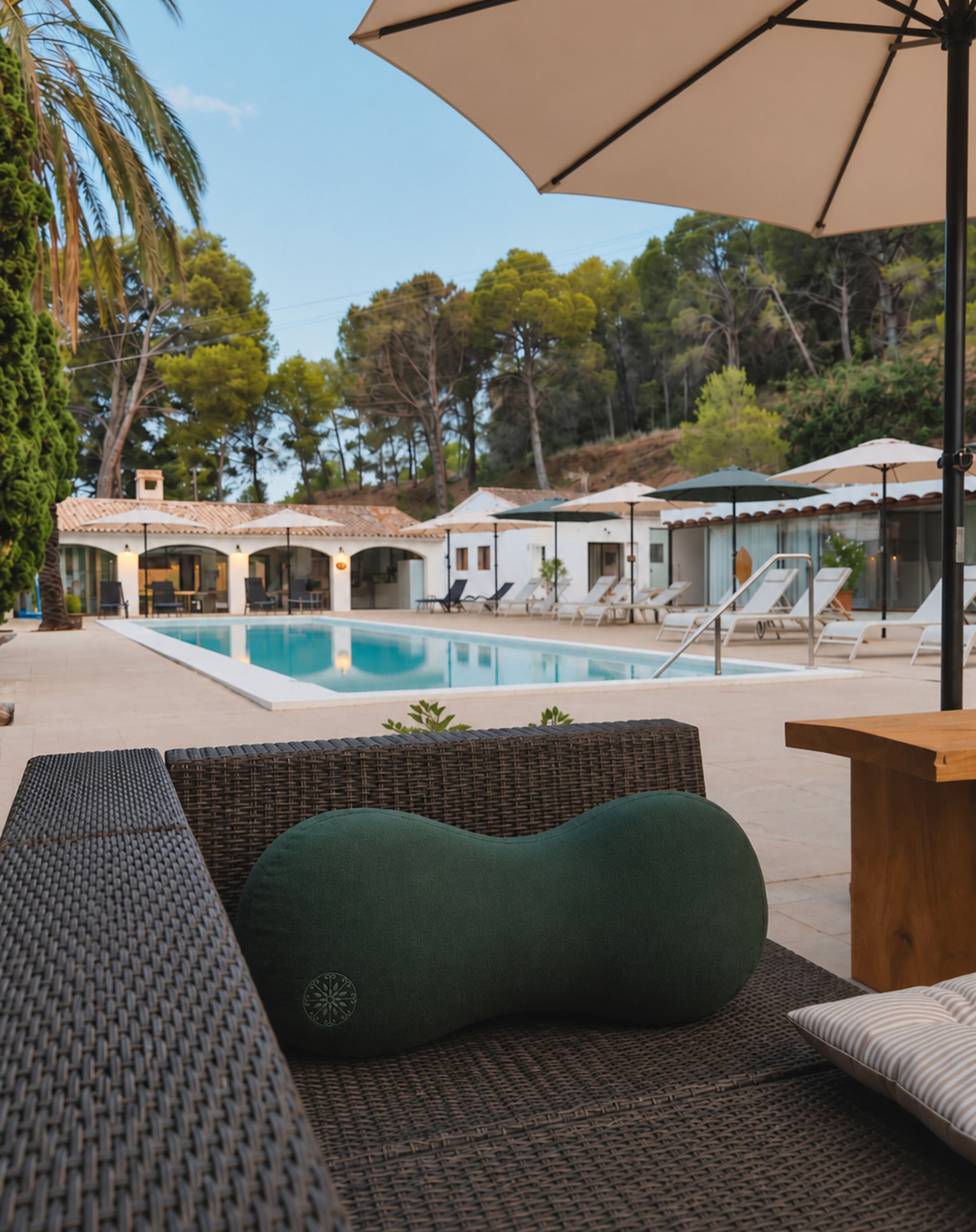 Uma área de piscina com espreguiçadeiras e guarda-sóis, rodeada por árvores e edifícios.
