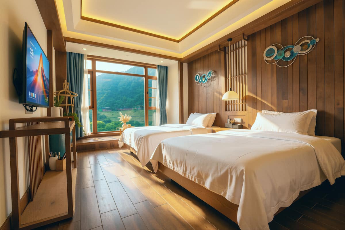 Quarto de hotel com duas camas, televisão, piso de madeira e uma grande janela com vista.