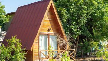 Uma cabana de madeira com telhado inclinado, um deck de madeira e uma janela com cortinas.