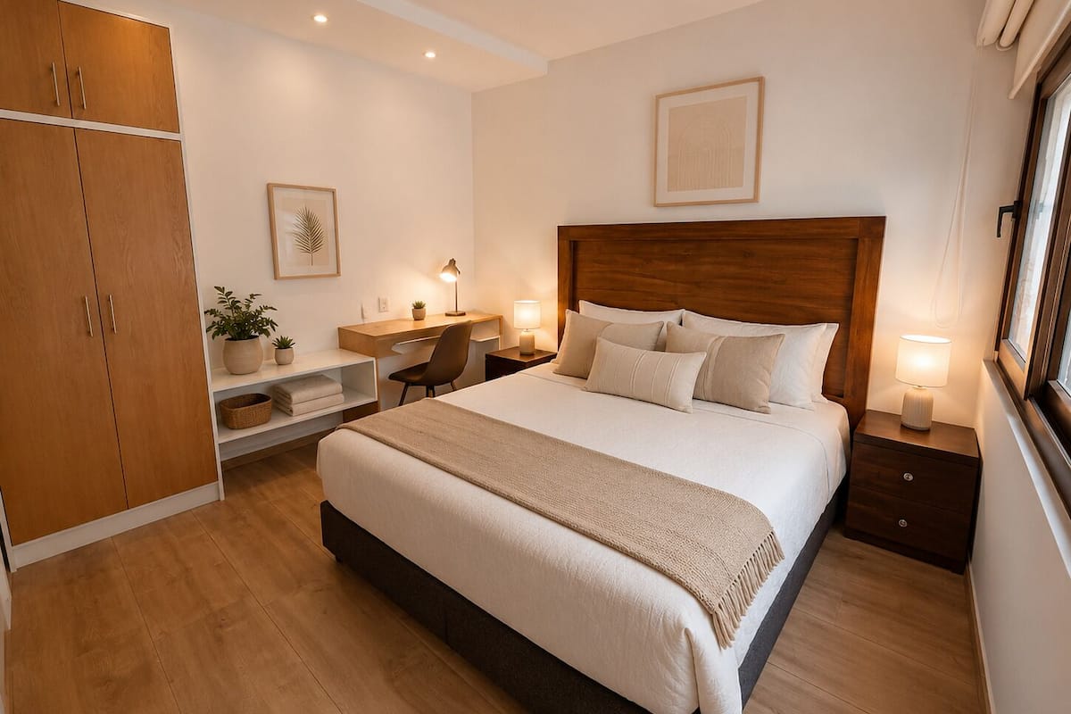 Quarto com cama grande, escrivaninha, cadeira, guarda-roupa e mesa de cabeceira com abajur.