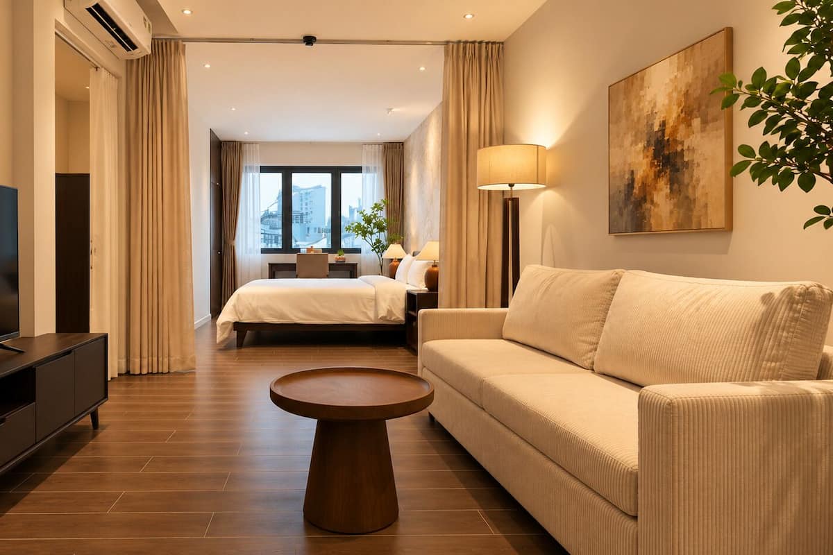 Quarto de hotel moderno com televisão, sofá, cama, mesa de centro e um quadro na parede.