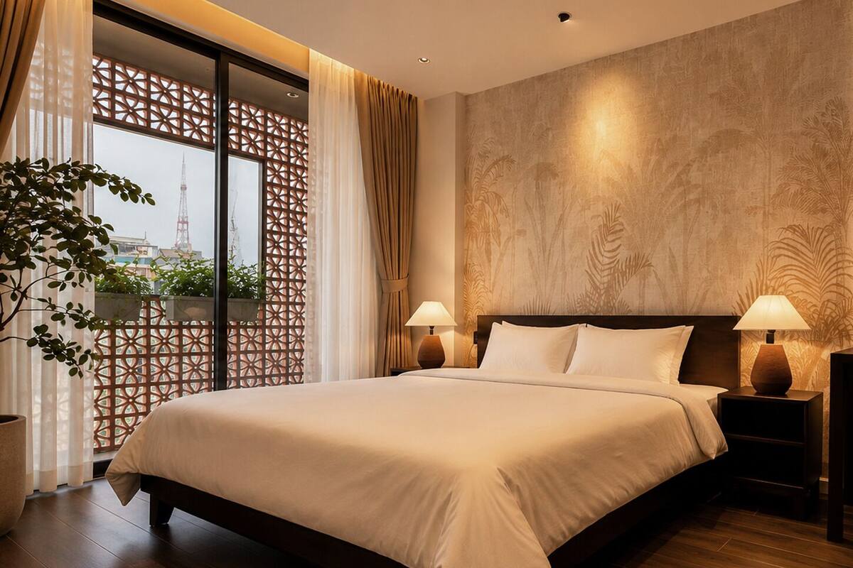 Quarto de hotel moderno com uma cama grande, duas luminárias de cabeceira, vista através de uma janela com treliça de madeira e paisagem urbana visível lá fora.