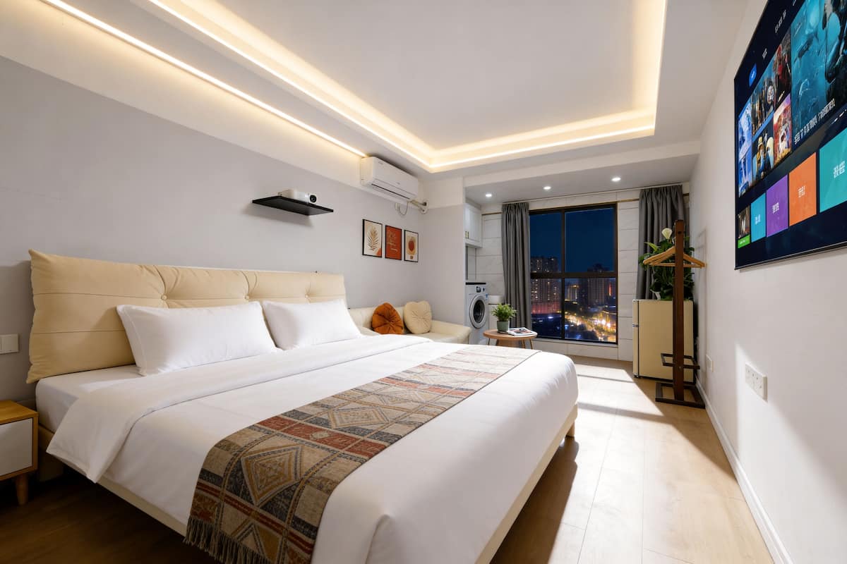 Quarto de hotel moderno com uma cama grande, uma mesinha de cabeceira, uma pequena mesa com uma planta, televisão na parede e vista para a cidade à noite.